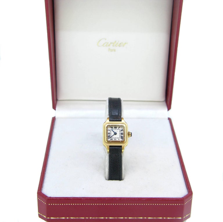 Cartier Mini "Santos" Small Manual Black Leather Yellow Gold Wristwatch ...
