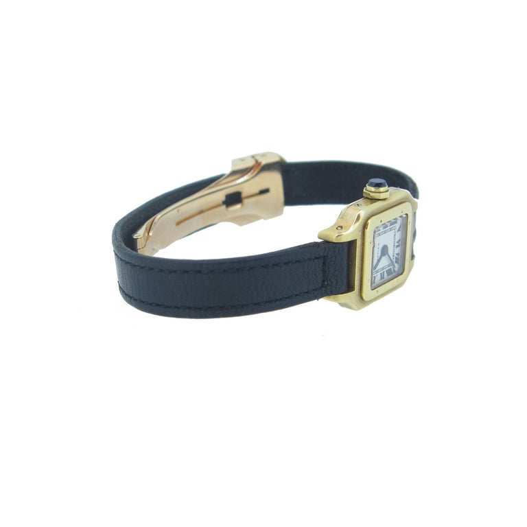 Cartier Mini "Santos" Small Manual Black Leather Yellow Gold Wristwatch ...