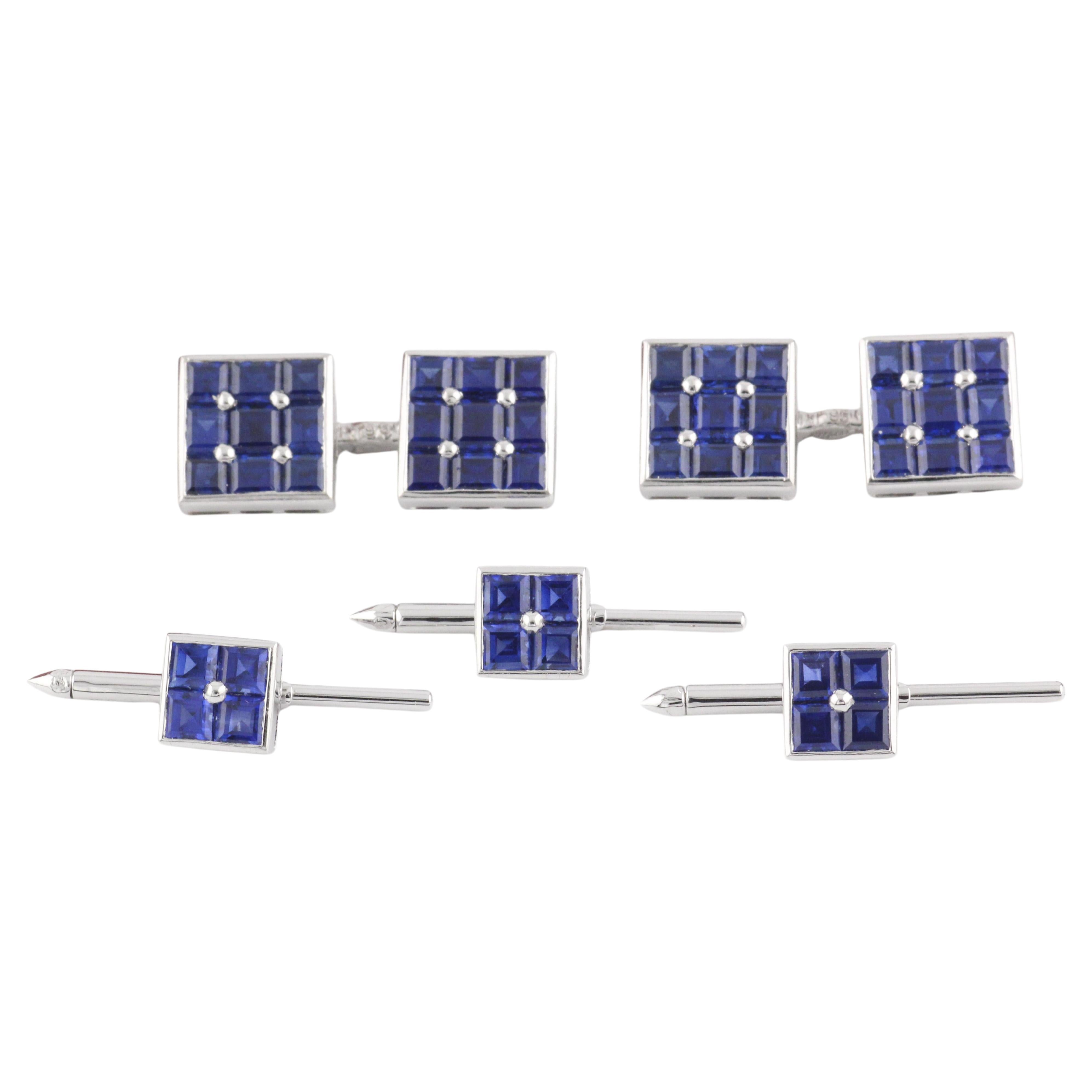 Cartier Mystery Set Sapphire Platinum Cufflinks 3 Studs Set For Sale at 1stDibs