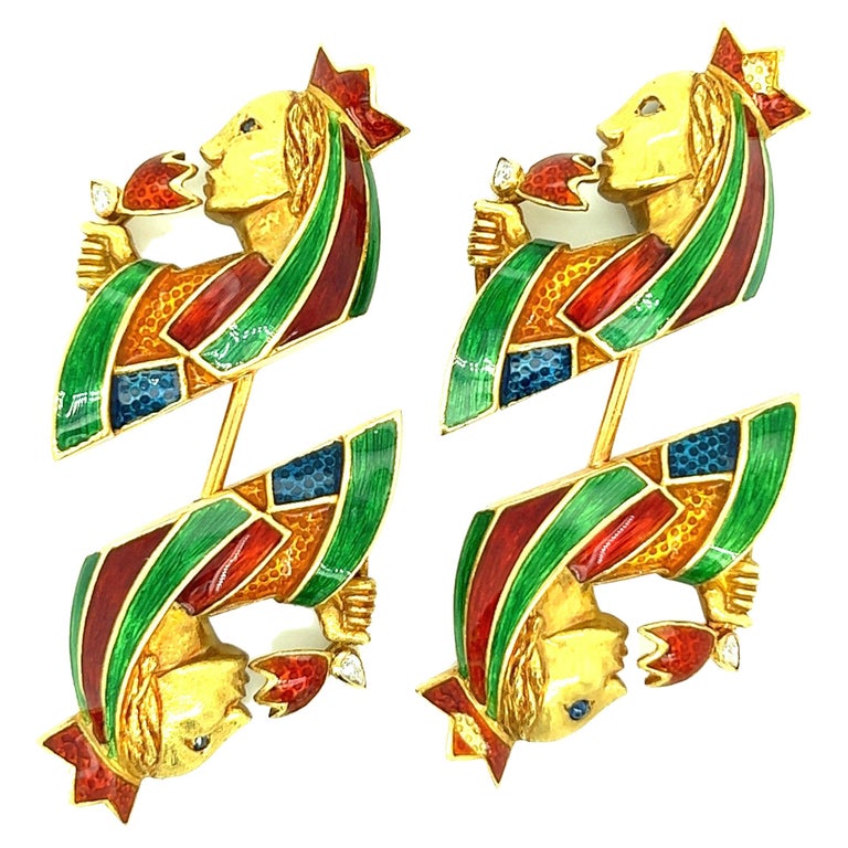 Cartier Pair of Gold Enamel Diamond Queen Jabots For Sale at 1stDibs