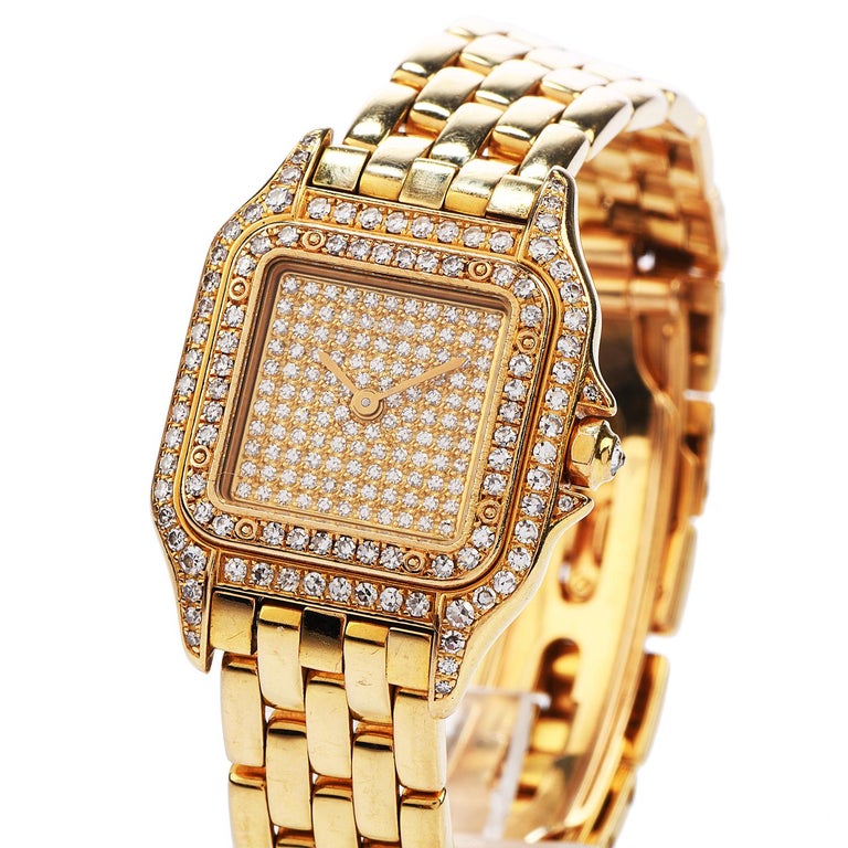 Cartier Panther Diamond Face 18K Gold Ladies Watch For Sale at 1stDibs