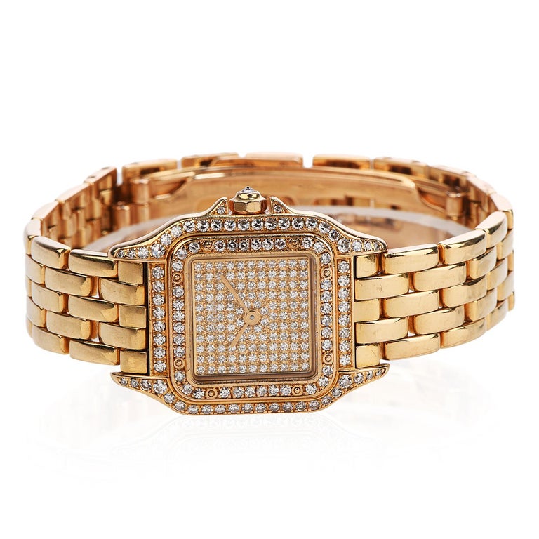 Cartier Panther Diamond Face 18K Gold Ladies Watch For Sale at 1stDibs