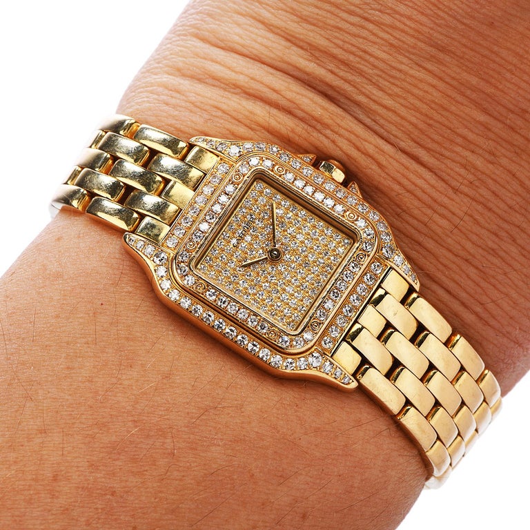 Cartier Panther Diamond Face 18K Gold Ladies Watch For Sale at 1stDibs