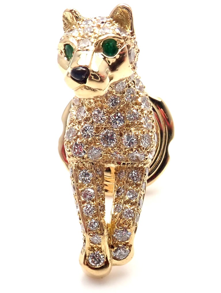Cartier Panther Panthere Diamond Emerald Yellow Gold Tie Lapel Pin at ...