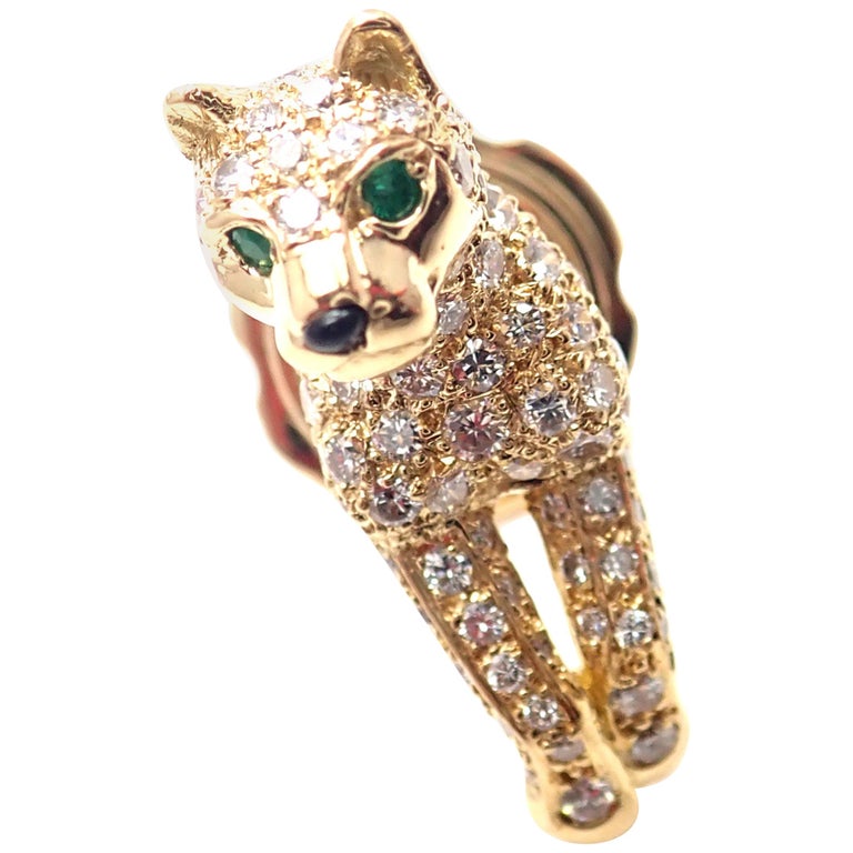 Cartier Panther Panthere Diamond Emerald Yellow Gold Tie Lapel Pin at ...
