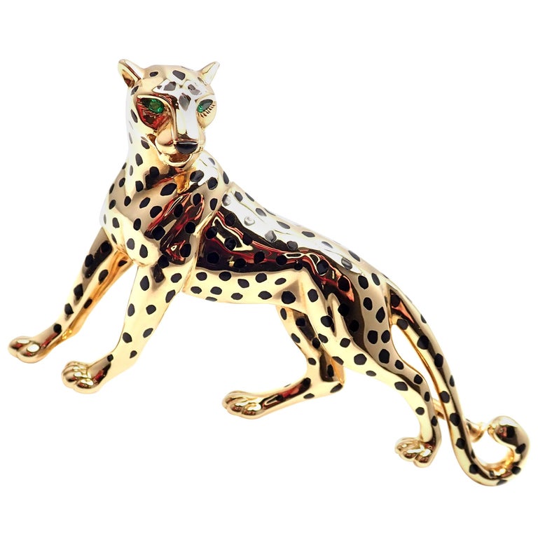 Cartier Panther Panthere Onyx Emerald Yellow Gold Large Pin Brooch at ...