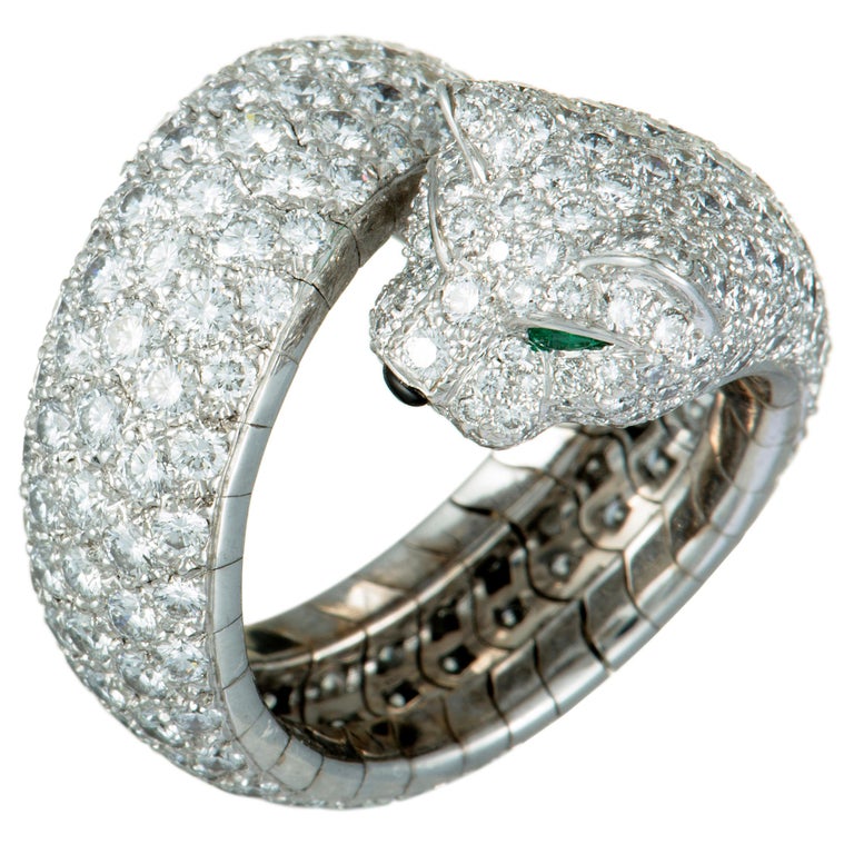 Cartier Panthere Diamond Pave Onyx and Emerald White Gold Bypass Ring ...