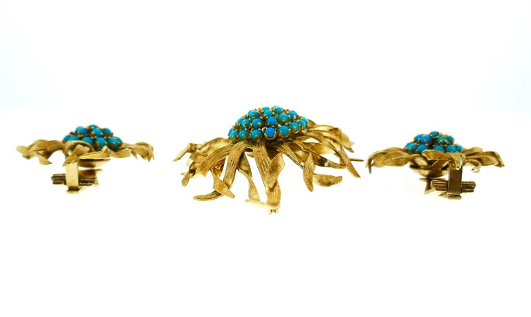 Cartier Paris 18 Karat Yellow Gold Turquoise Flower Brooch and Earrings ...