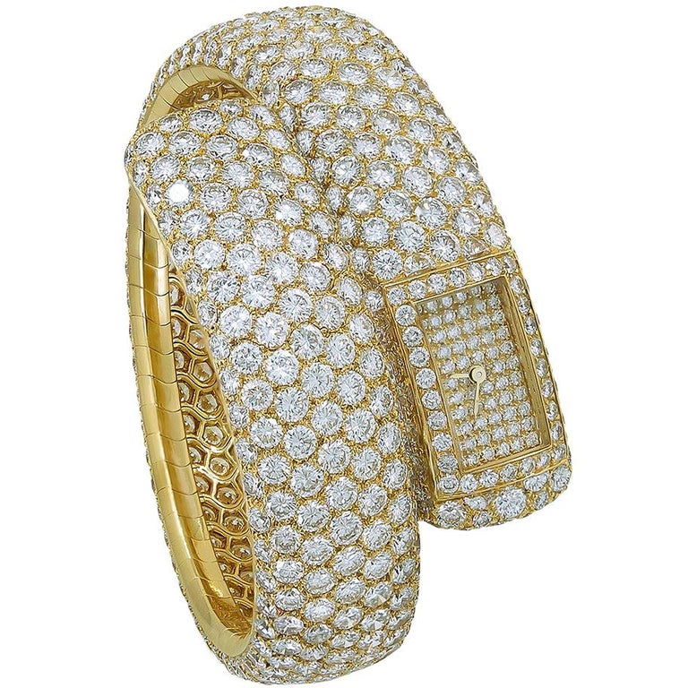 Cartier Paris Diamond Gold Bangle Watch For Sale at 1stDibs