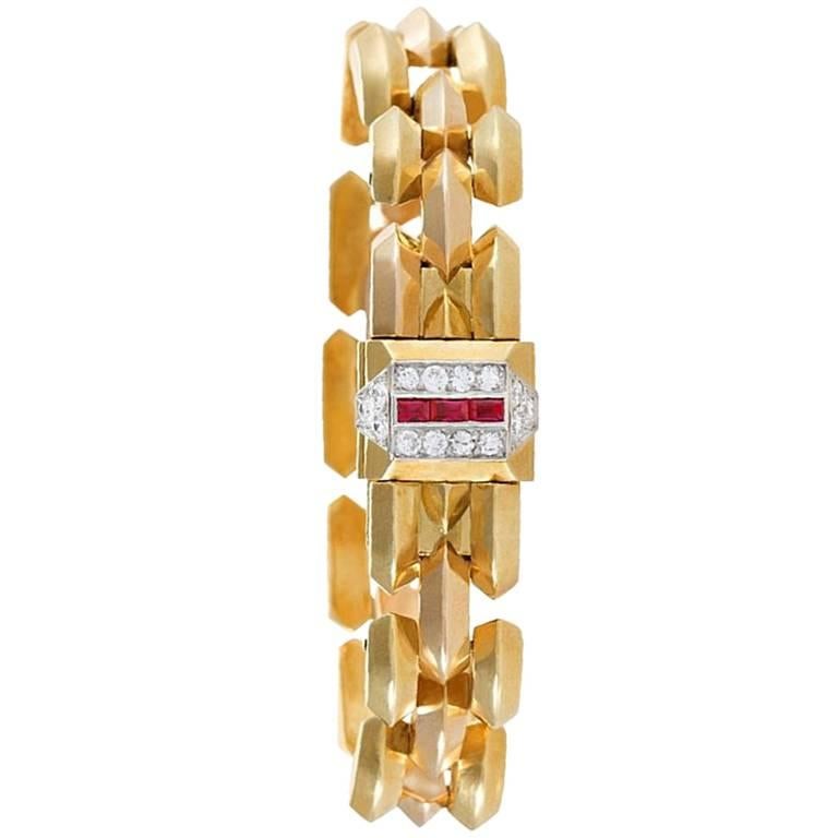 Cartier Paris Retro Diamond Ruby Pink Gold and Platinum Watch at 1stDibs