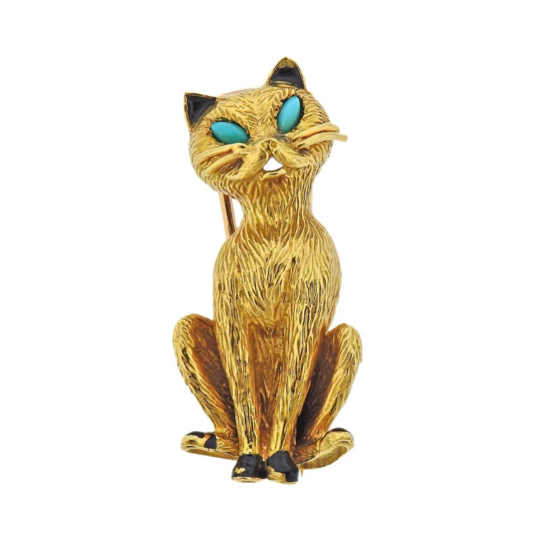 Cartier Paris Turquoise Enamel Gold Cat Brooch Pin at 1stDibs