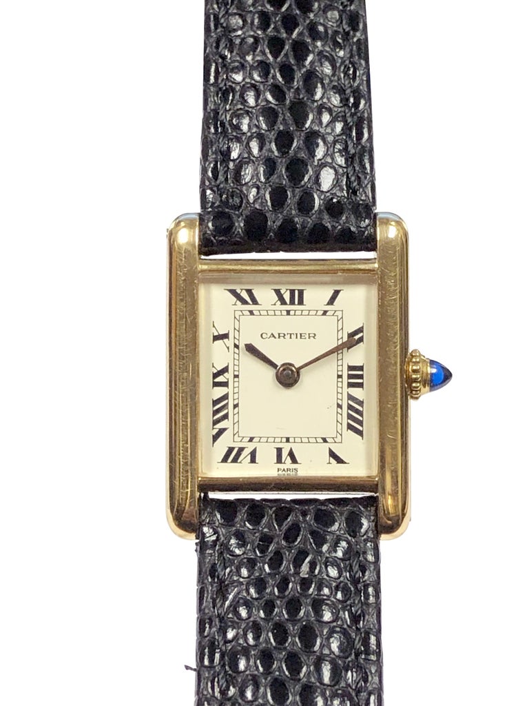 Cartier Paris Vintage Yellow Gold Manual Wind Classic Tank Ladies Wrist Watch For Sale at 1stDibs