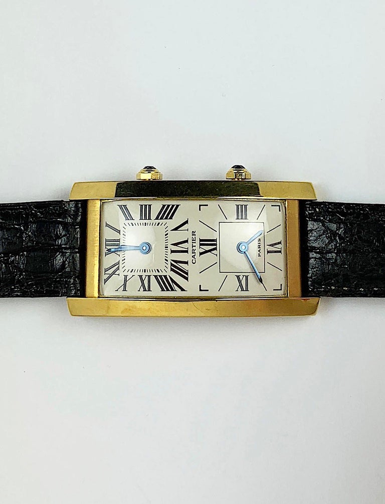 Cartier Paris Yellow Gold Cintree Tank Dual Time Mechanical Wristwatch ...