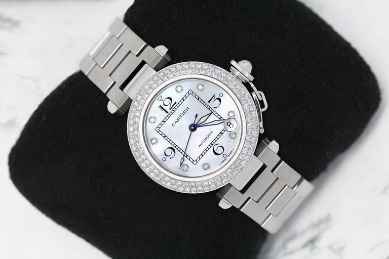Cartier Pasha Ladies Watch Dial Two Row Diamond Bezel White MOP Diamond ...