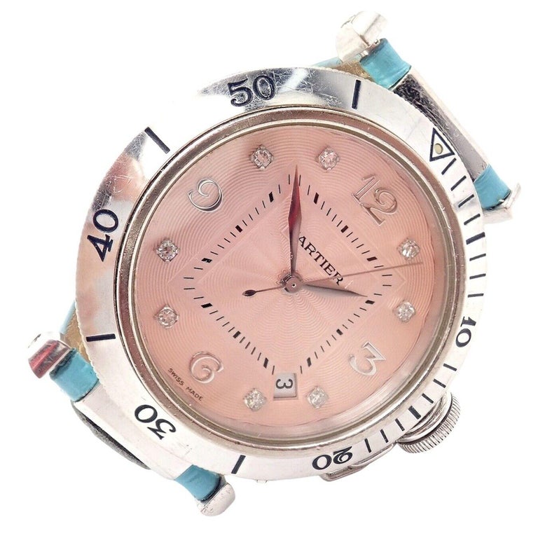Cartier Pasha Pink Dial Diamond Automatic White Gold Watch For Sale at ...