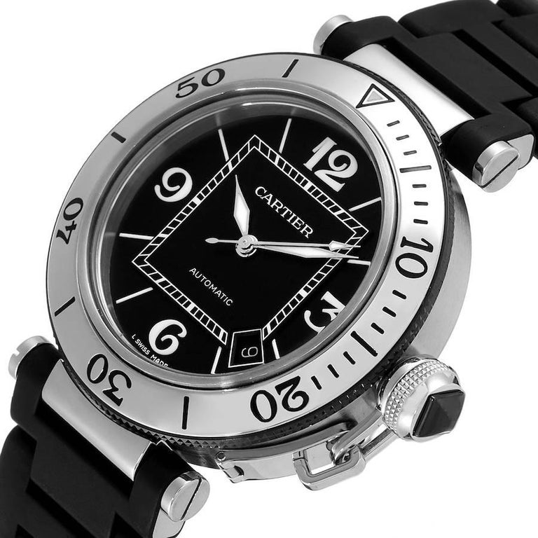 Cartier Pasha Seatimer Black Rubber Strap Steel Mens Watch W31077U2 Box For Sale at 1stDibs