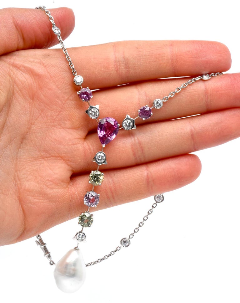Cartier Pearl Pink Sapphire Diamond Peridot Pendant 18k White Gold ...
