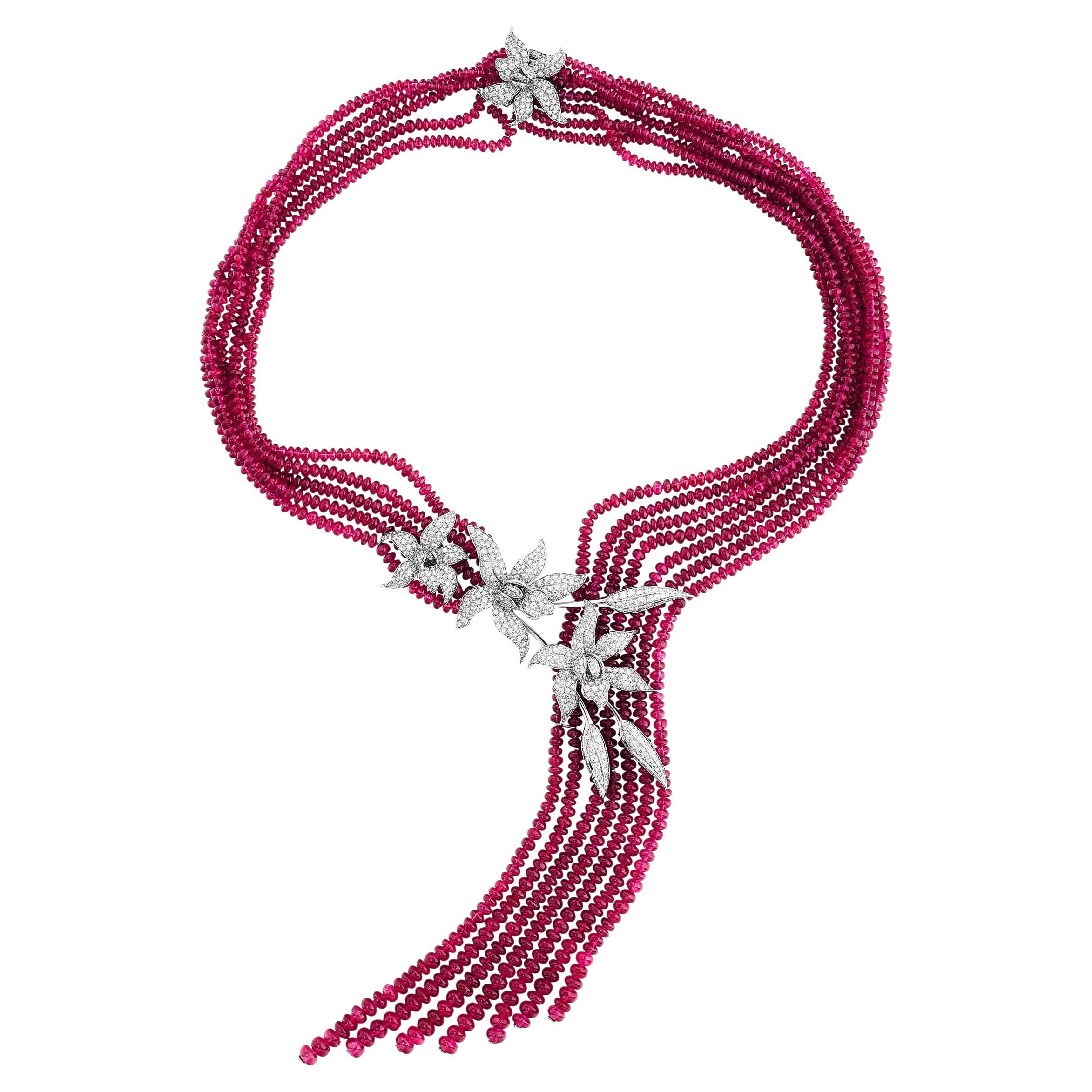 Cartier Platinum Diamond Floral and Red Spinel Bead Necklace For Sale ...