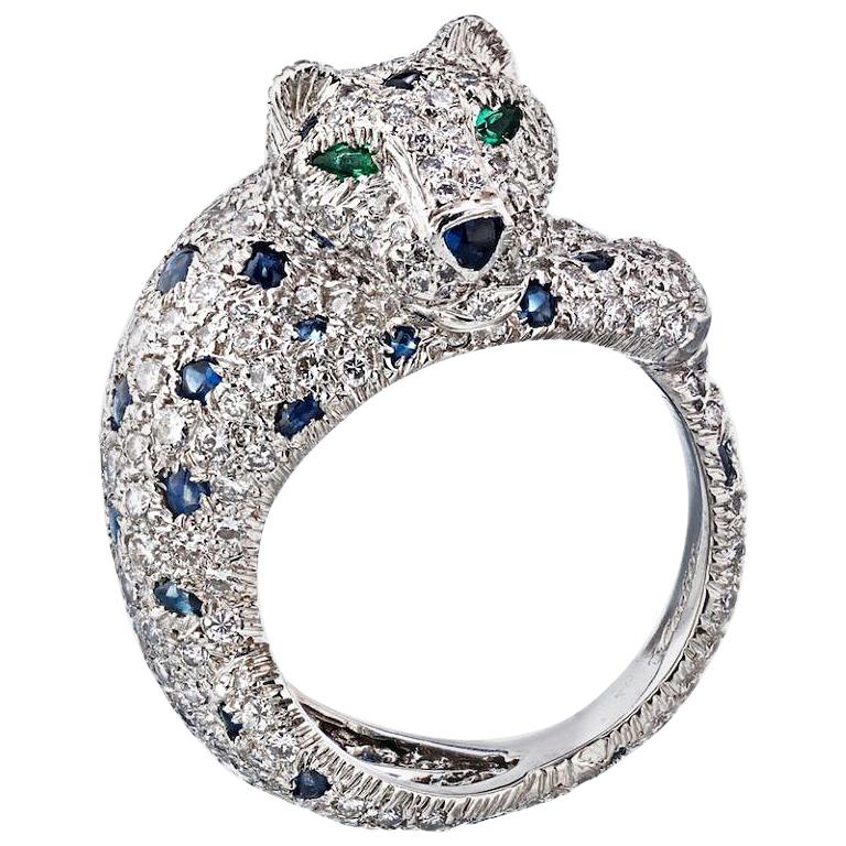 Cartier Platinum Sapphire and Diamond Panther Pave Ring at 1stDibs