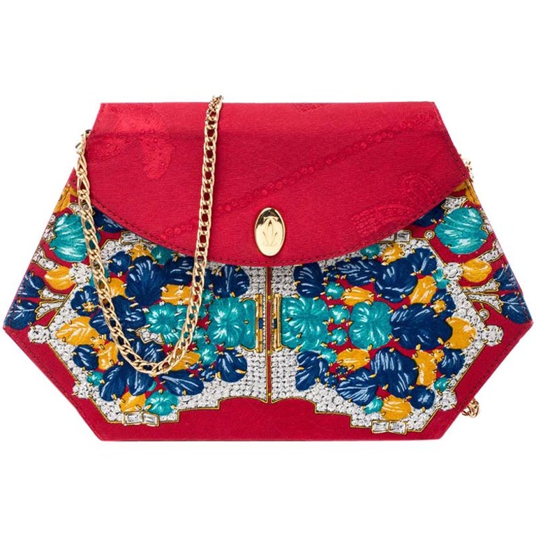 Cartier Red Floral Printed Fabric Chain Shoulder Bag at 1stDibs