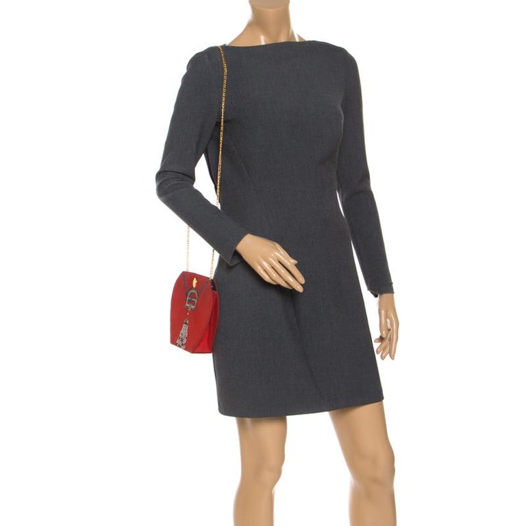 Cartier Red Printed Fabric Chain Clutch Bag at 1stDibs