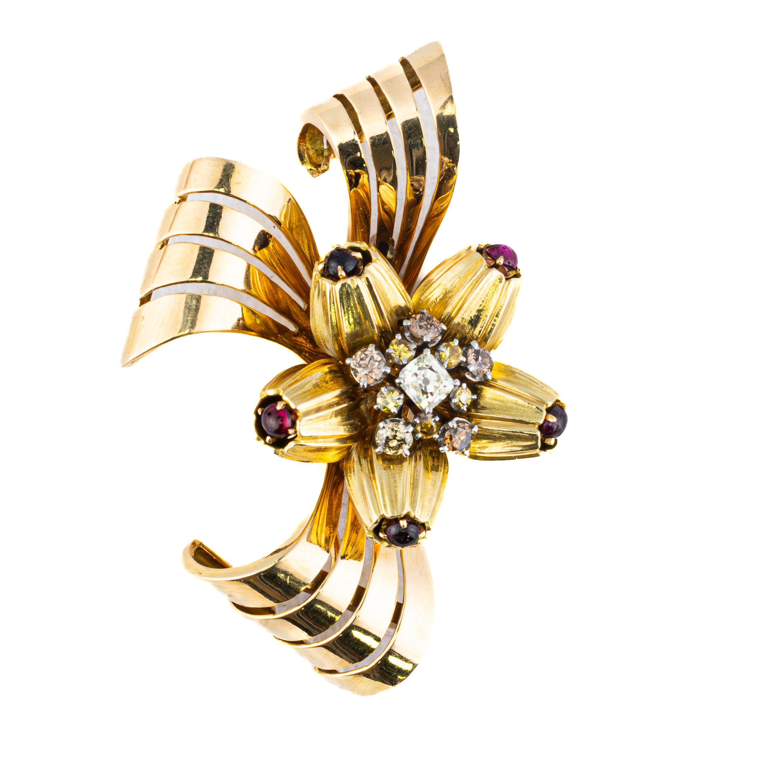 Cartier Retro Diamond and Ruby Floral Brooch For Sale at 1stDibs