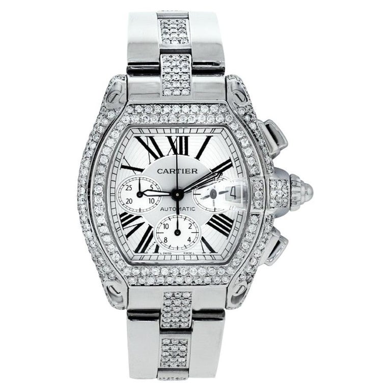 Cartier Roadster Chronograph White Dial Custom Diamond Steel Watch ...