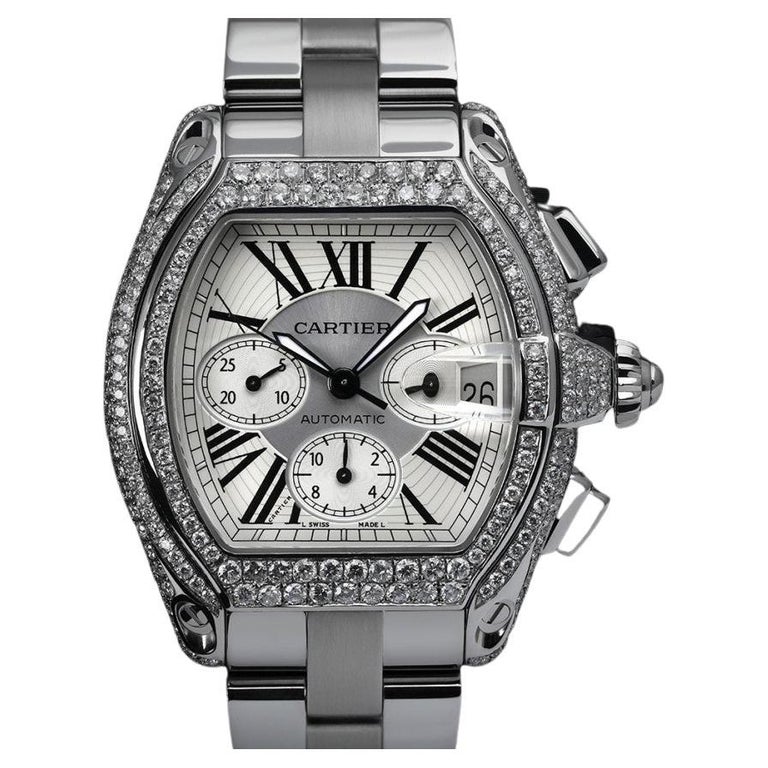 Cartier Roadster XL Chrono Stainless Steel Diamond Watch Silver Dial ...