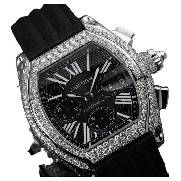 Cartier Roadster XL W62020X6 Chronograph Custom Diamond Watch on Black ...