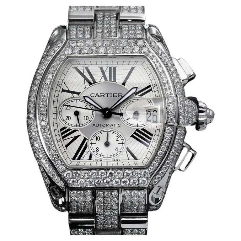 Cartier Roadster Xl W62020x6 Silver Dial Stainless Steel Fully Iced Out ...