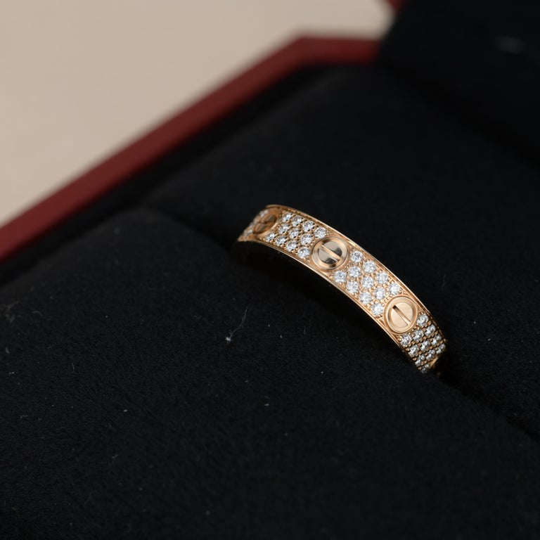 Cartier Rose Gold Pave Diamond Love Ring at 1stDibs