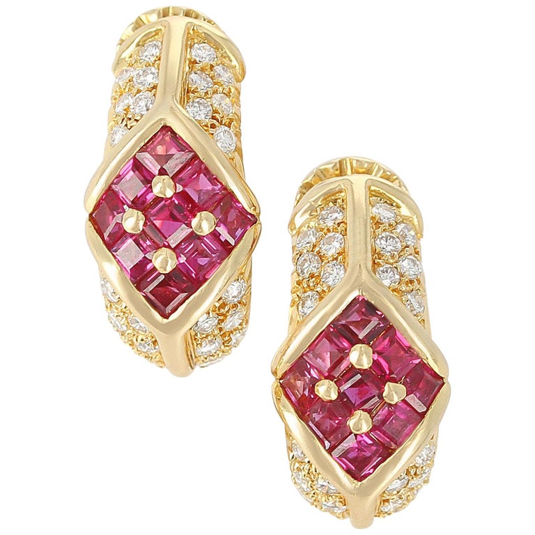 Cartier Ruby and Diamond Earrings, 18 Karat Yellow Gold at 1stDibs