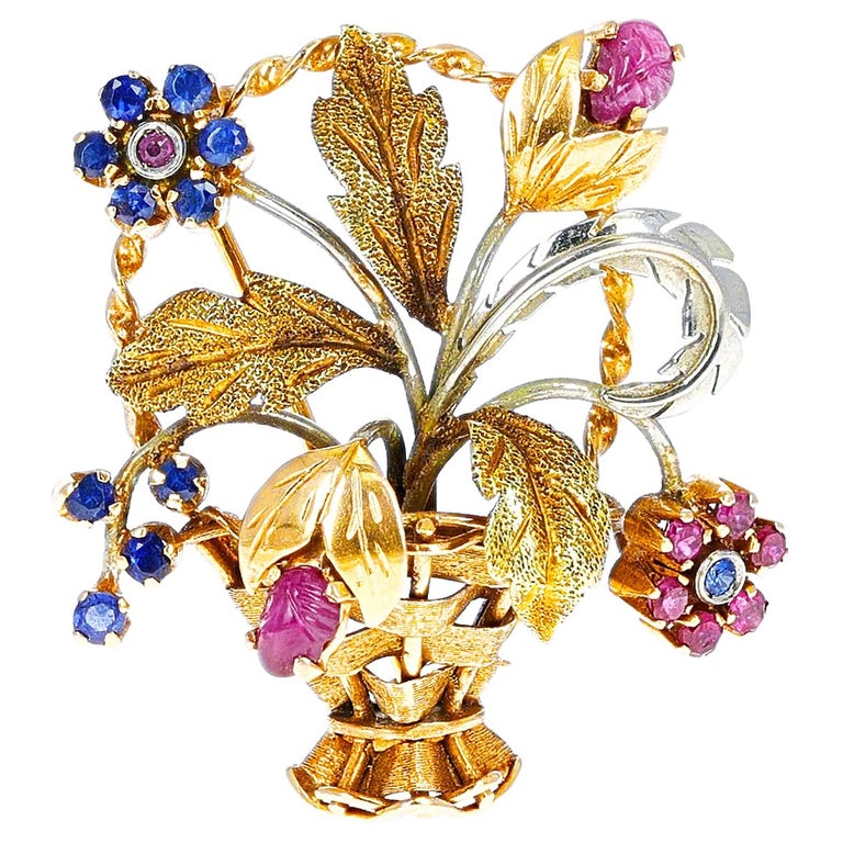 Cartier Ruby and Sapphire Flower Bouquet Brooch, 18 Karat Two Tone Gold ...
