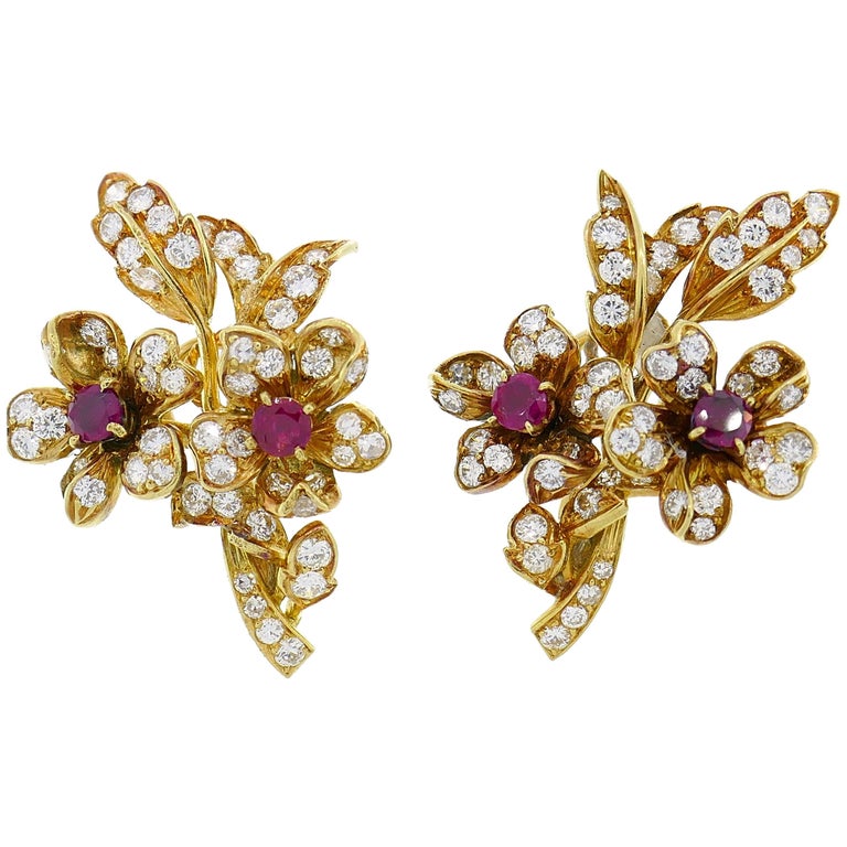 Cartier Ruby Diamond En Tremblant Yellow Gold Earrings at 1stDibs