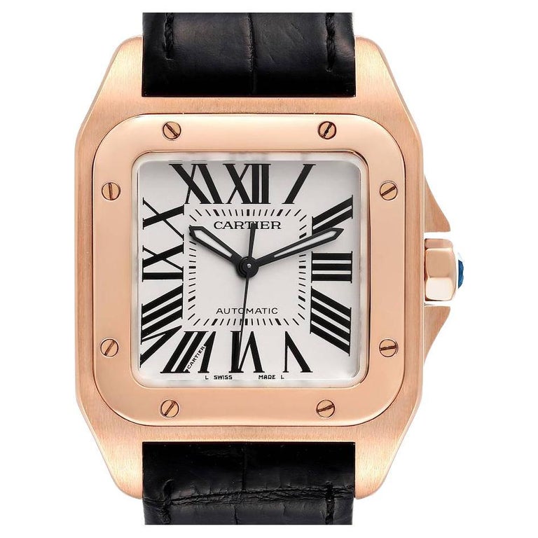 Cartier Santos 100 Midsize Rose Gold Silver Dial Mens Watch W20108Y1 ...