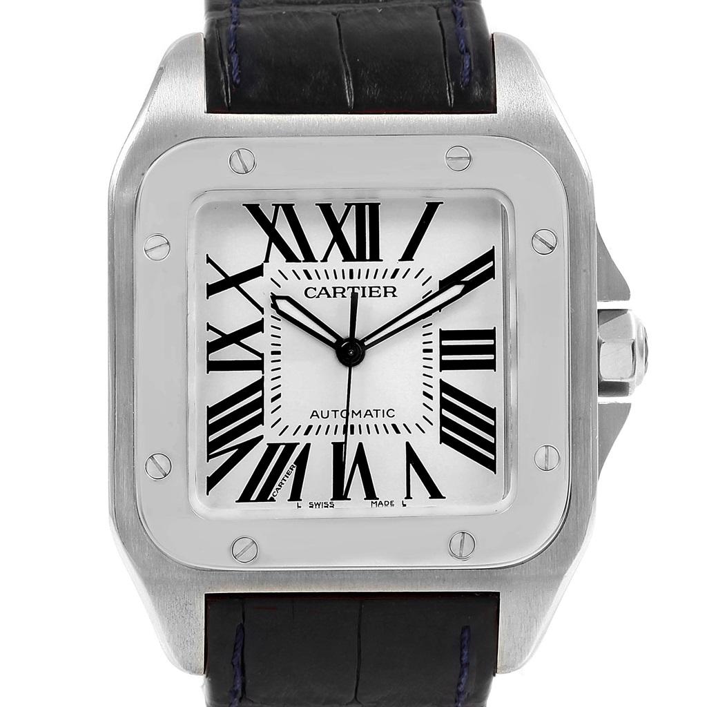 Cartier Santos 100 Silver Dial Black Strap Steel Men’s Watch W20073X8 ...