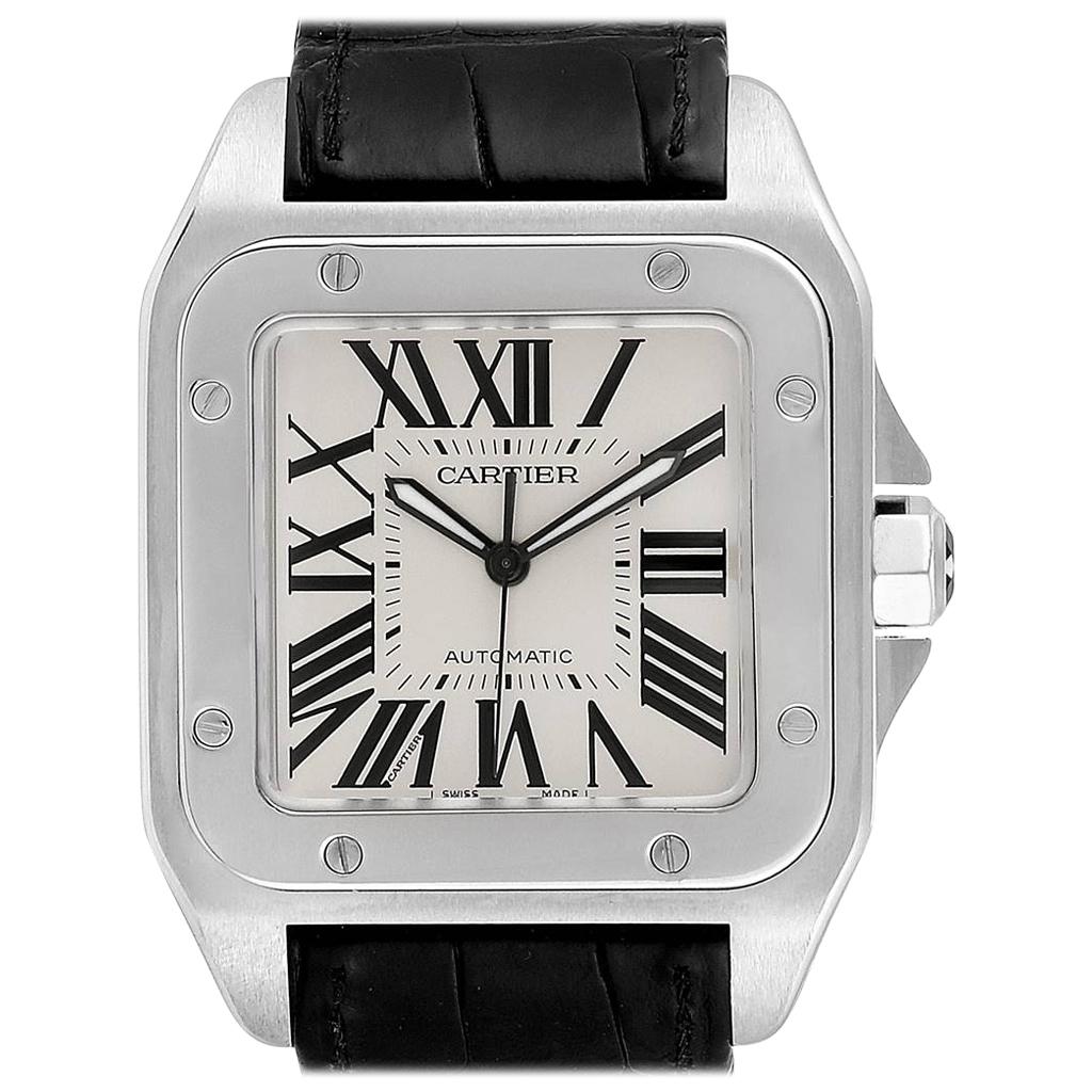 Cartier Santos 100 Silver Dial Steel Black Strap Men’s Watch W20073X8 ...