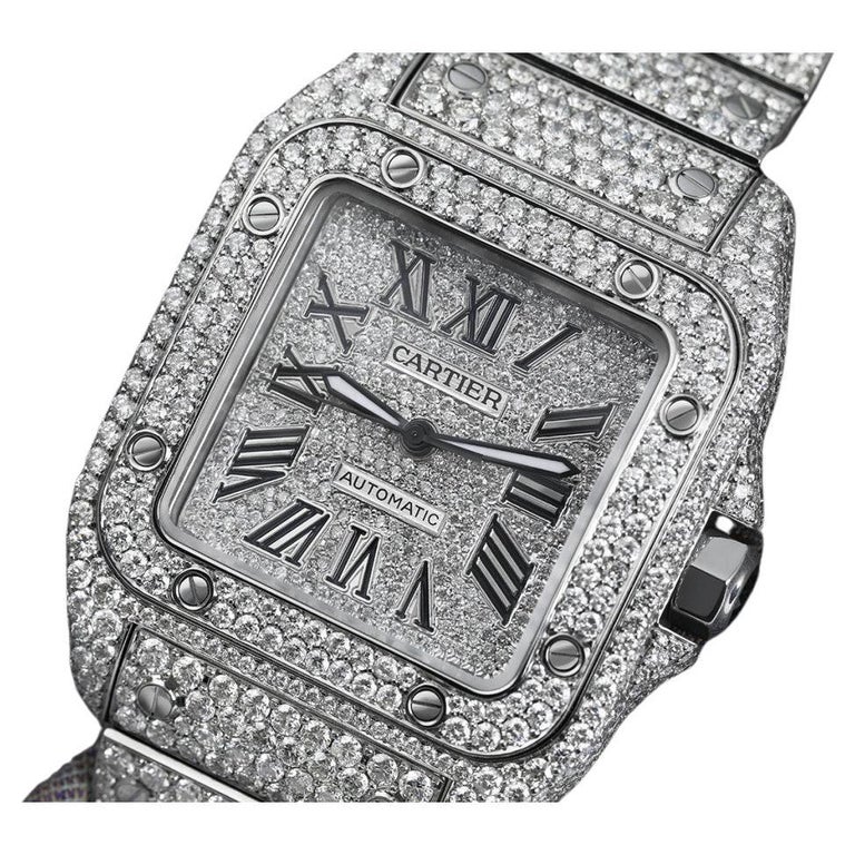 Cartier Santos 100 Stainless Steel Watch Customized Genuine Diamonds ...