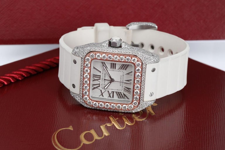Cartier Santos 100 Stainless Steel and White Rubber Watch Rose Gold ...