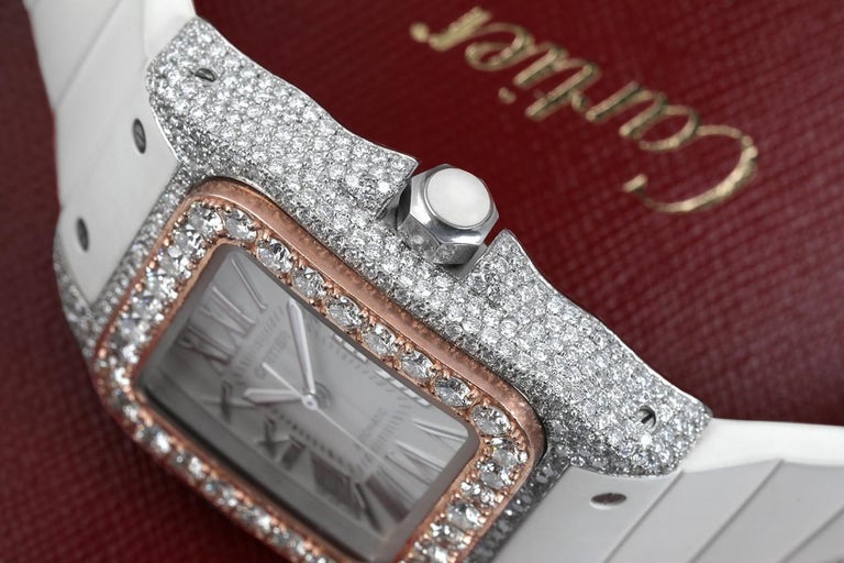 Cartier Santos 100 Stainless Steel and White Rubber Watch Rose Gold ...