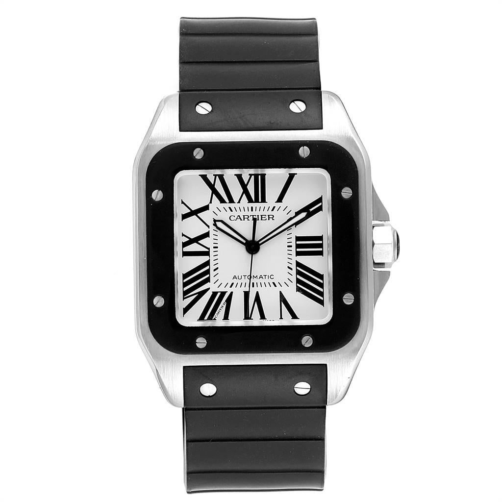 Cartier Santos 100 Steel Black Rubber Strap Men's Watch W20121U2 Box ...
