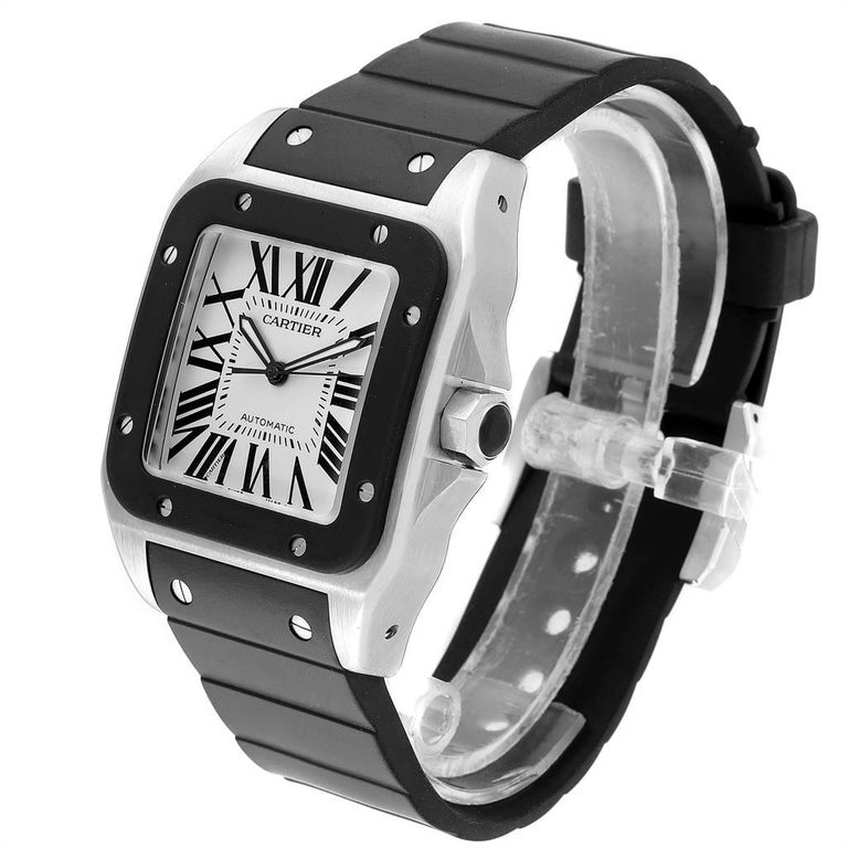 Cartier Santos 100 Steel Black Rubber Strap Men's Watch W20121U2 Box ...