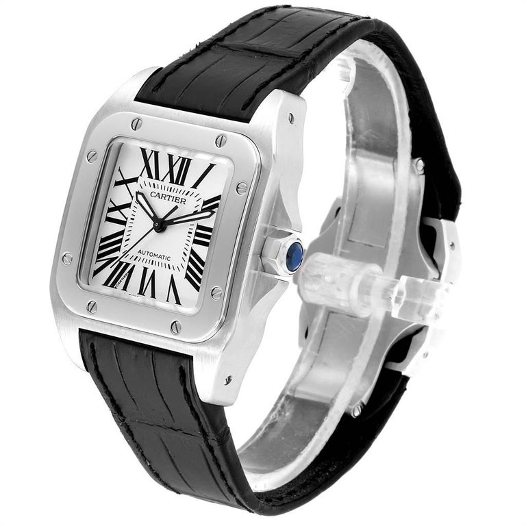 Cartier Santos 100 Steel Midsize Black Strap Men's Watch W20106X8 For ...