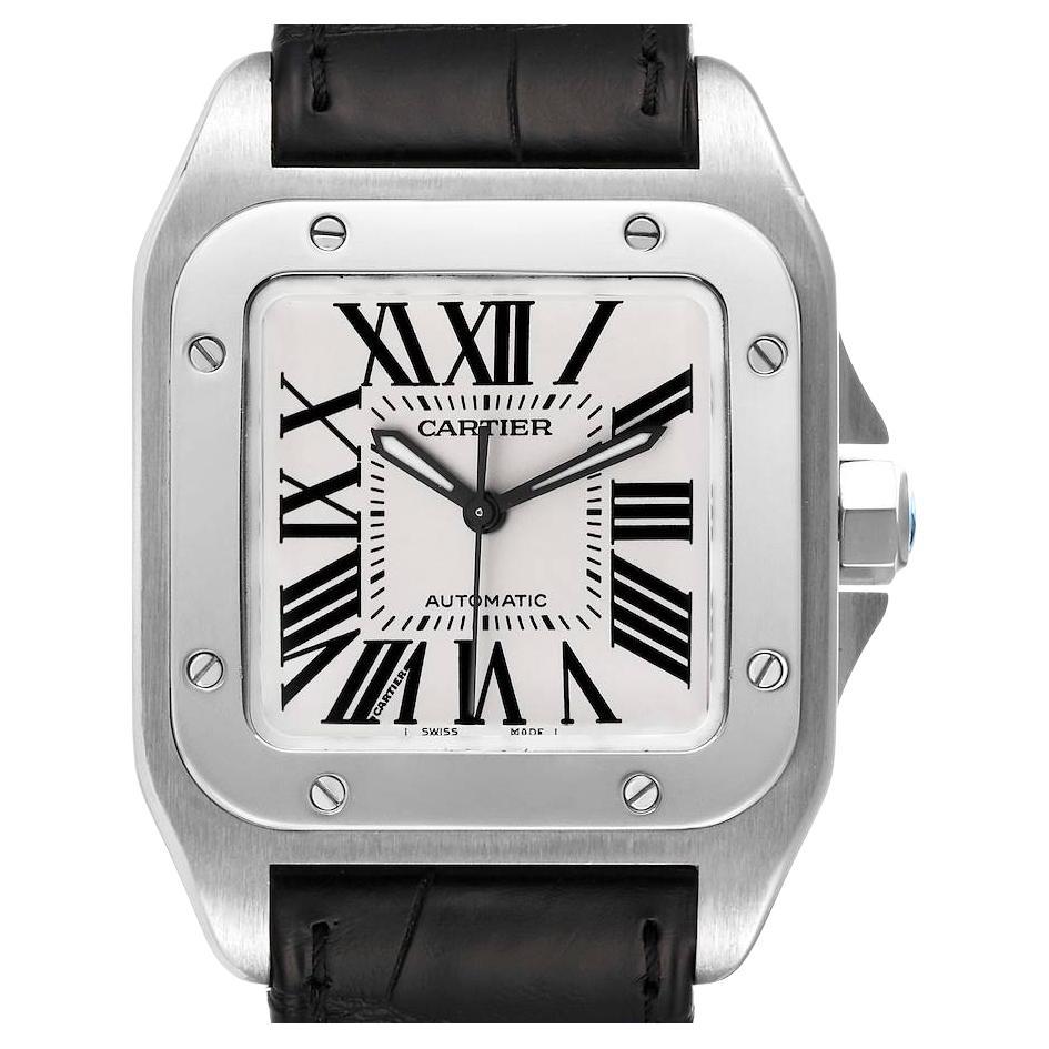Cartier Santos 100 Steel Midsize Black Strap Mens Watch W20106X8 at ...