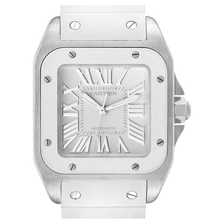 Cartier Santos 100 White Rubber Strap Steel Ladies Watch W20129U2 For ...