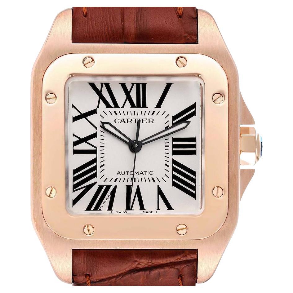 Cartier Santos 100 XL Rose Gold Silver Dial Mens Watch W20095Y1 at 1stDibs