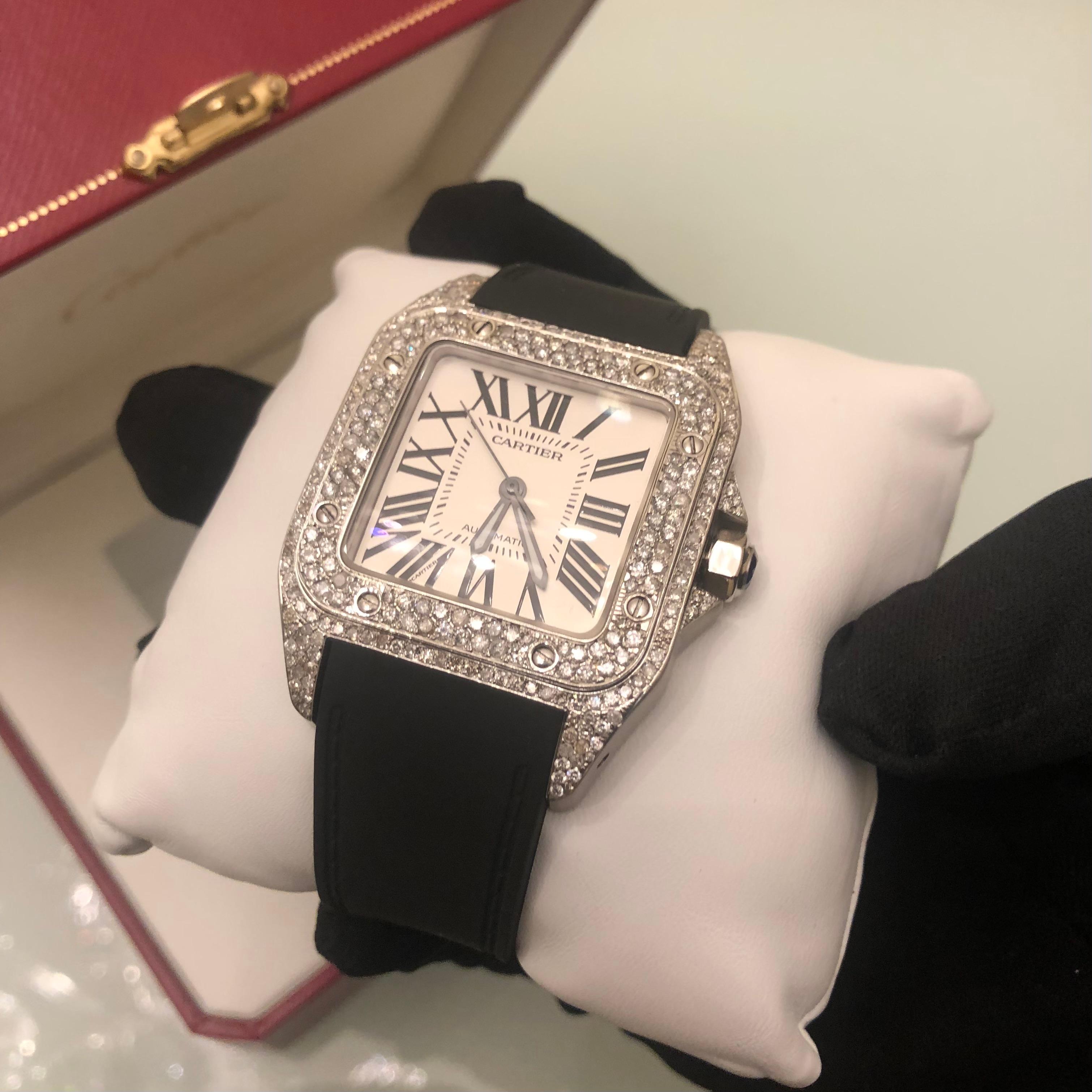 Cartier Santos 100XL Stainless Steel 38mm Custom Iced Out Watch with ...