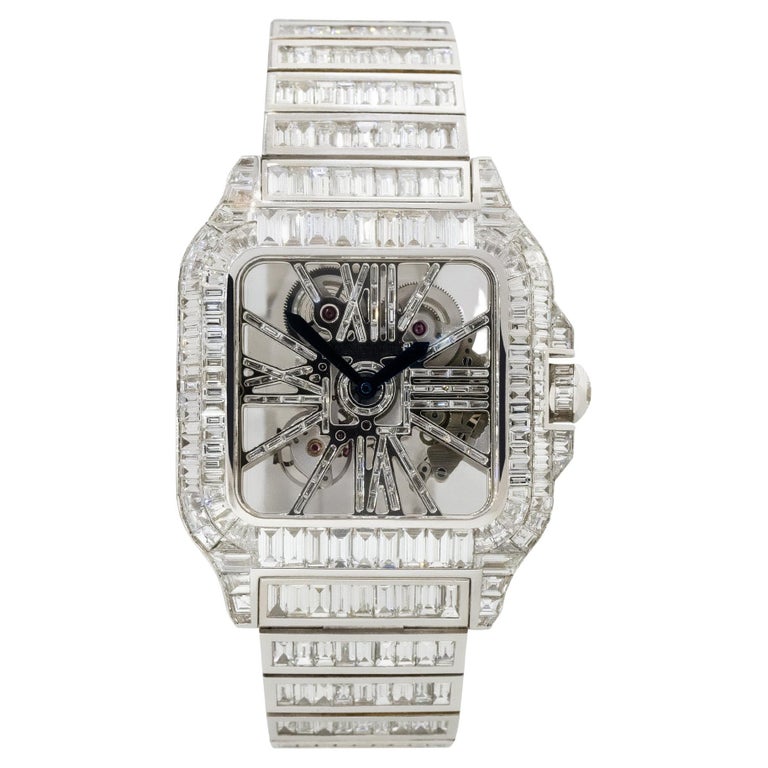 Cartier Santos 18k White Gold Skeleton All Diamond Chandelier Watch at ...