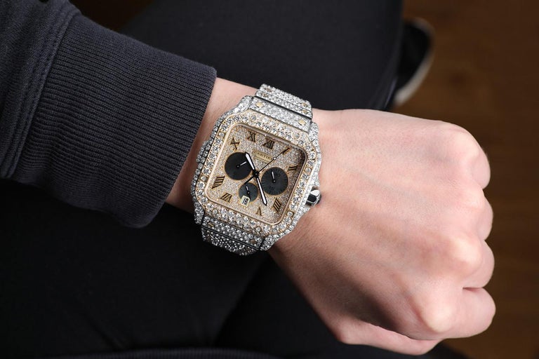 Cartier Santos De Cartier Chronograph Two Tone Custom Diamond Watch ...