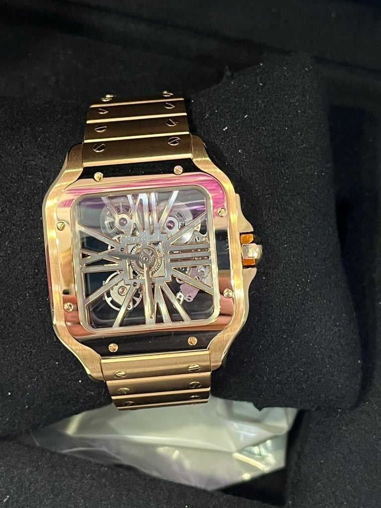 Cartier Santos De Cartier Hand Wind Rose Gold Skeleton Dial Men's Watch ...